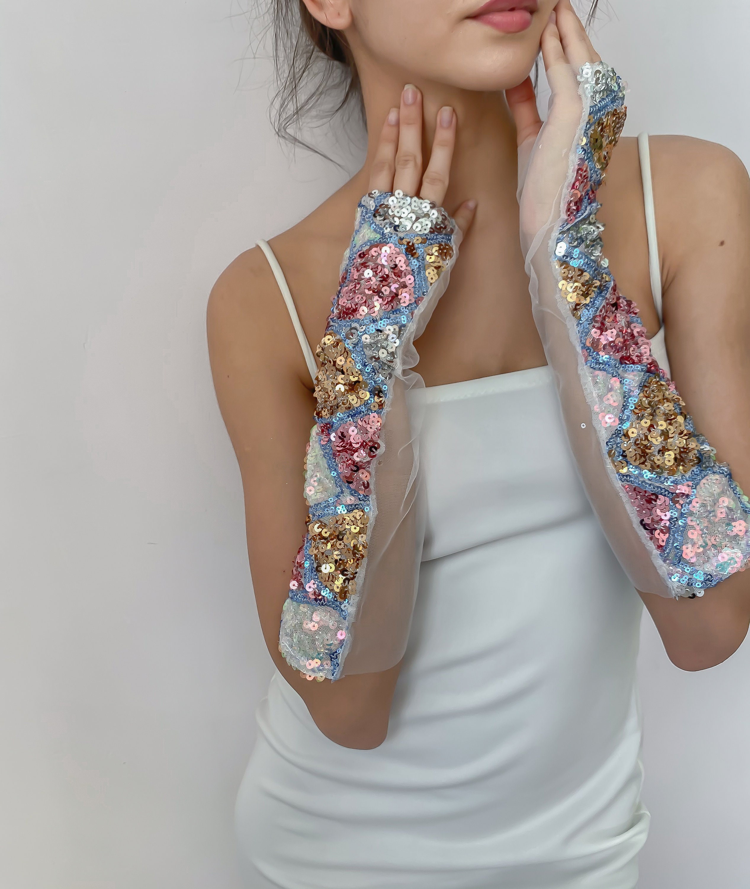Stereo Hearts Disco Gloves Sequinned Multi Sheer Tulle | Etsy