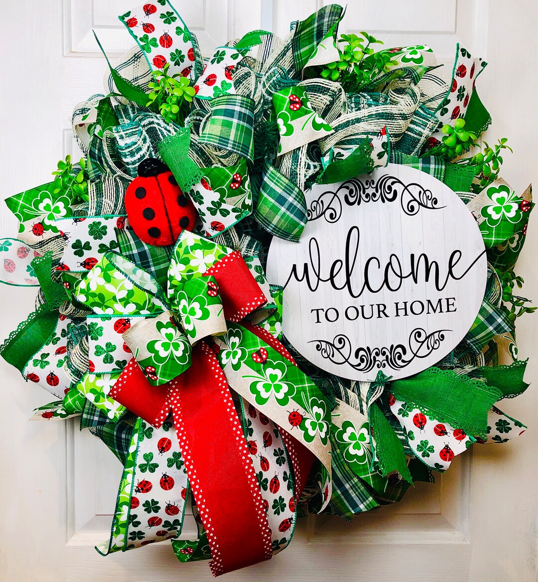 Spring Shamrock Ladybug Wreath, Welcome Wreath, Shamrock Ladybug Door ...