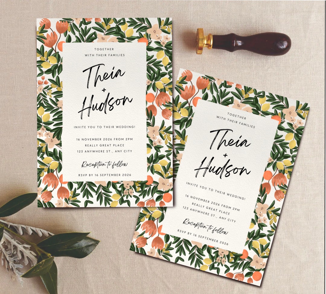 Editable Flowers Lemon Invitation Card, Lemon Wedding Invitation ...