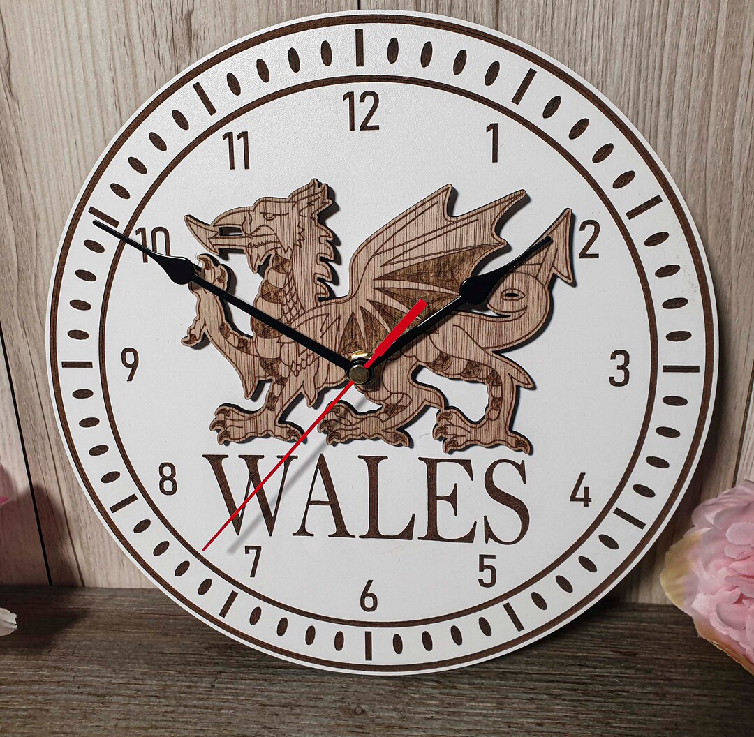 WALES Welsh Dragon Quartz CLOCK. Wall Mounted. Engraved White Coated ...
