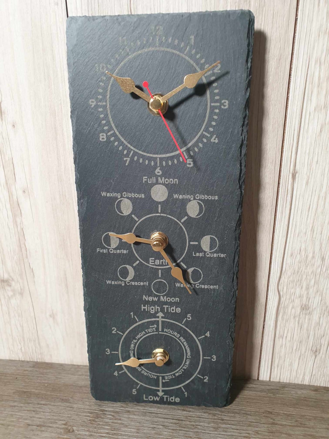 Laser Engraved Time, Tide and Moon Phase Indoor SLATE WALL CLOCK 12cm X ...