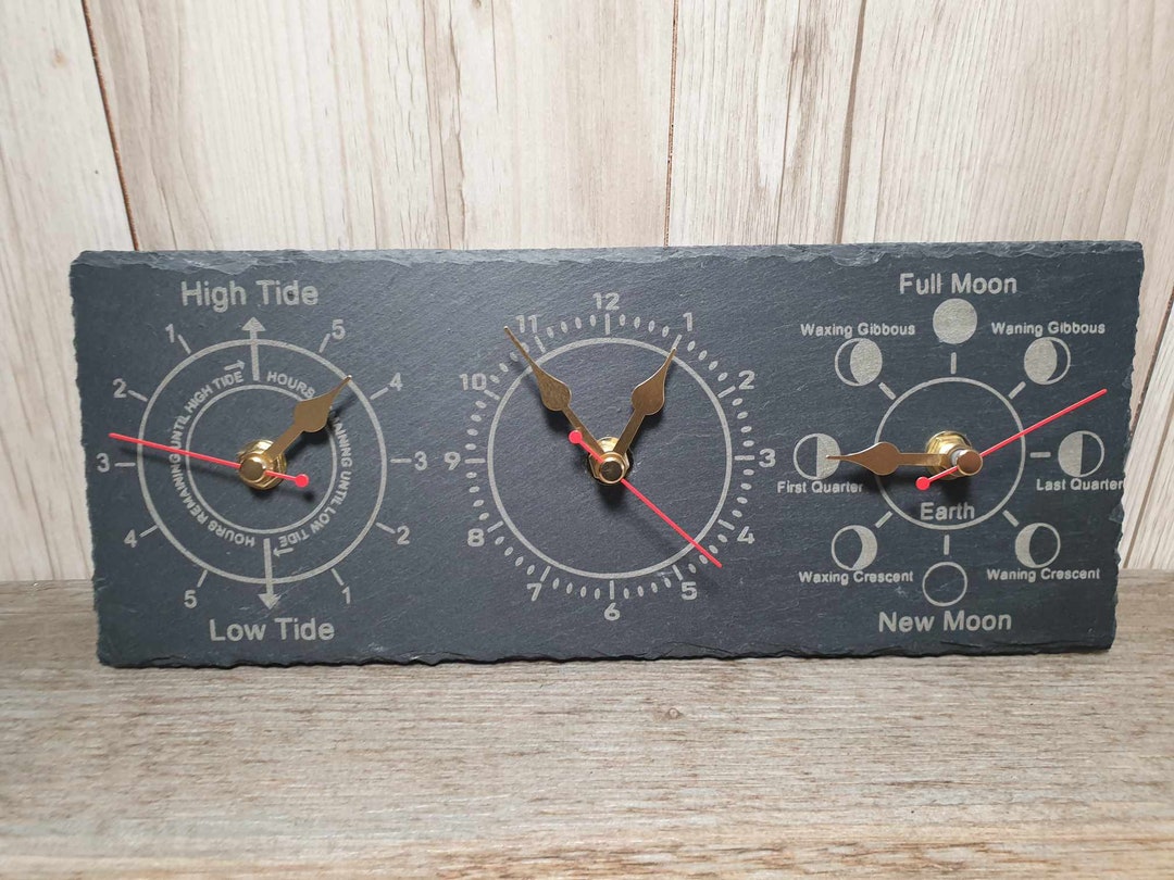 Laser Engraved Time, Tide and Moon Phase SLATE WALL CLOCK 30cm X 12cm ...