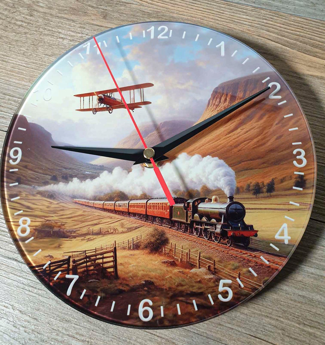 20cm Printed Glass Steam Train and a Biplane WALL CLOCK Art Painting ...