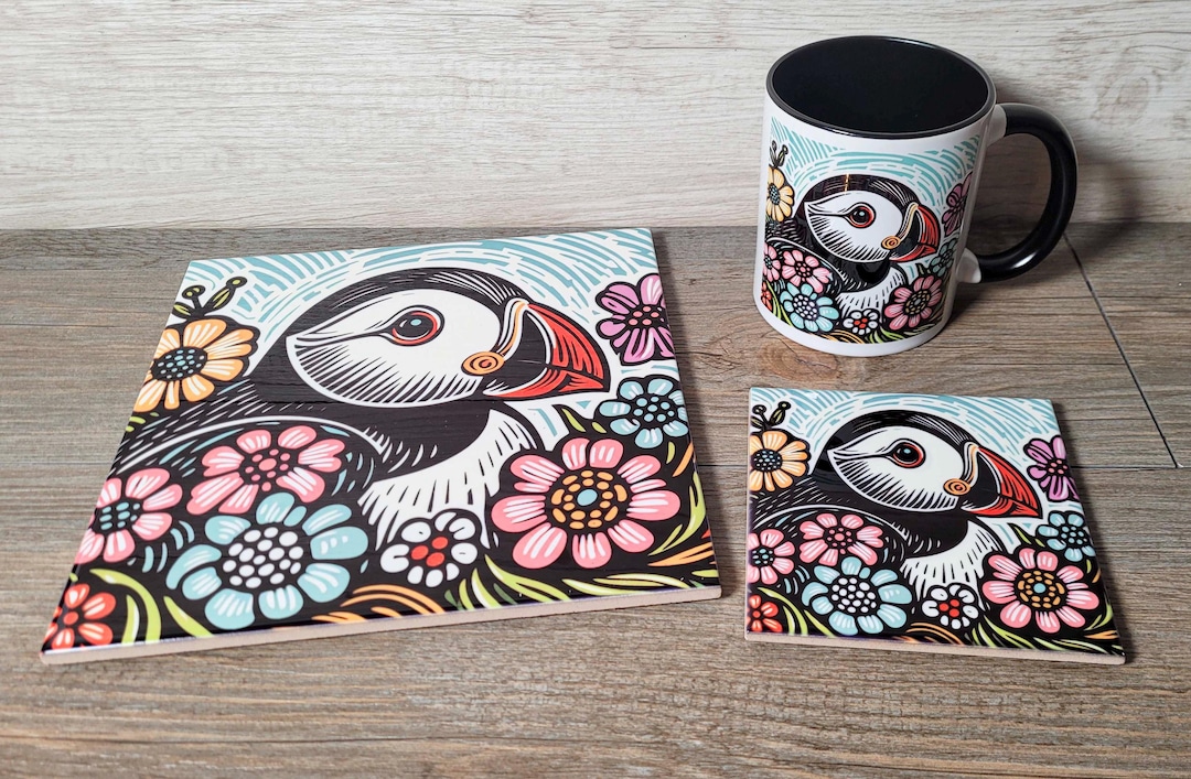 PUFFIN Ceramic Coaster, Pot Stand or Cup Colourful Design Tile With ...