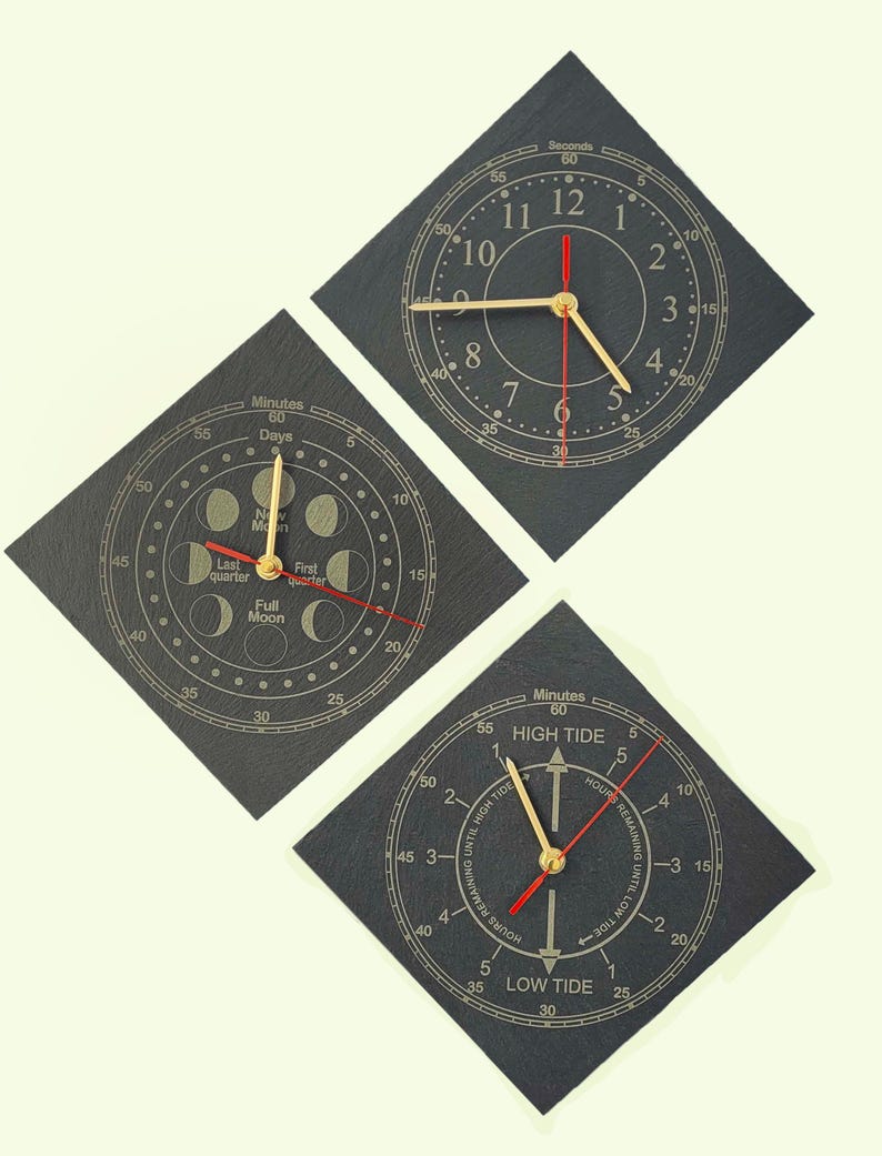 3 Part Laser Engraved Time, Tide and Moon Phase SLATE WALL CLOCK 20cm X ...