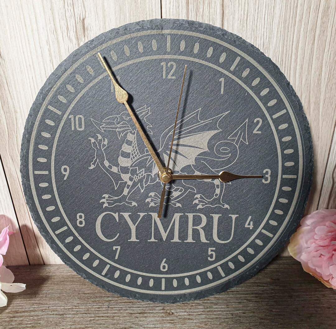 Slate Welsh Dragon CYMRU Quartz CLOCK. Wall Mounted. Engraved Slate ...