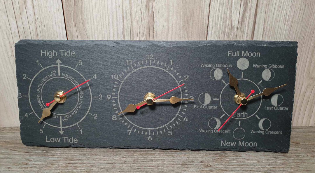 Laser Engraved Time, Tide and Moon Phase SLATE WALL CLOCK 30cm X 12cm ...