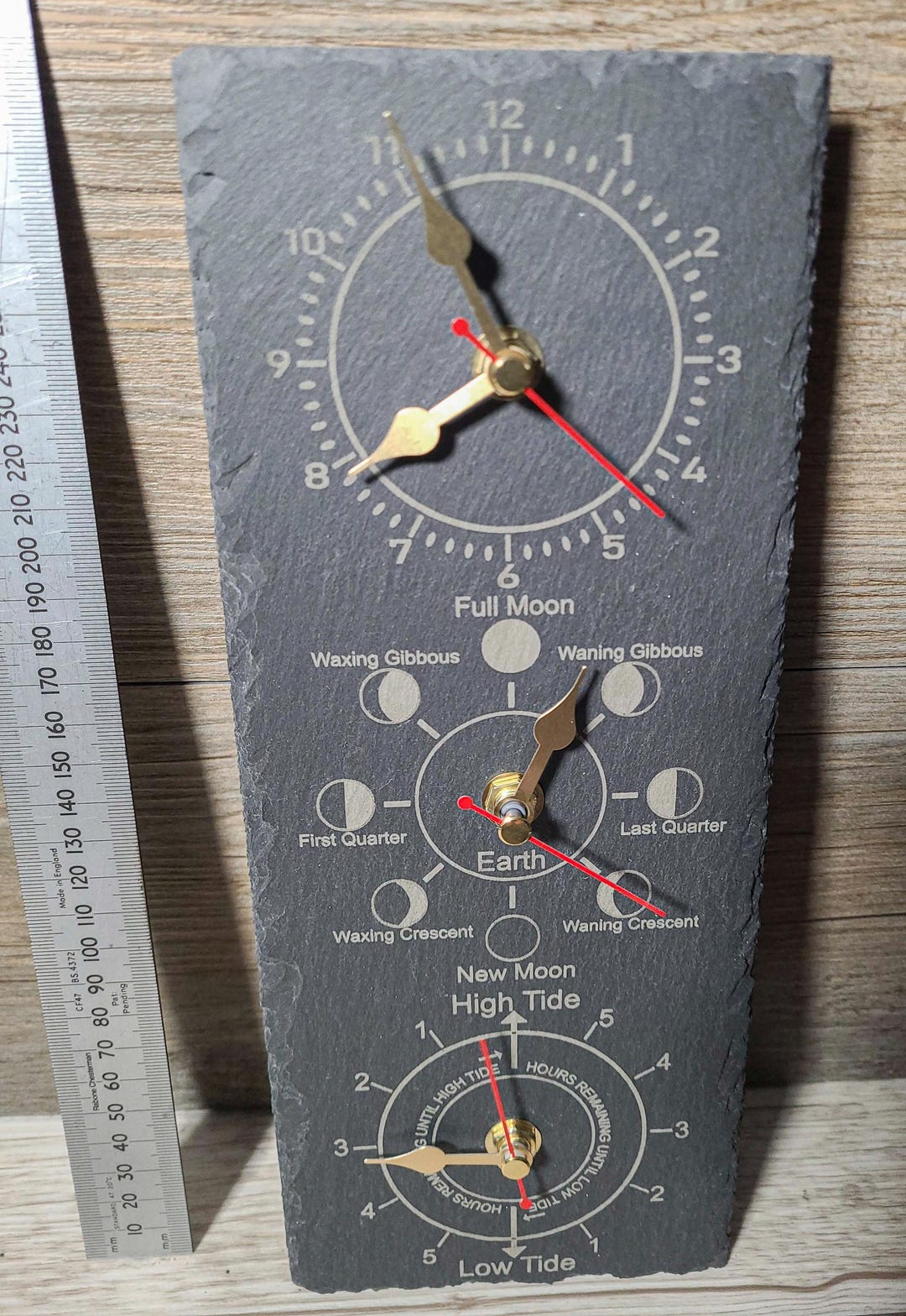 Laser Engraved Time, Tide and Moon Phase Indoor SLATE WALL CLOCK 12cm X ...