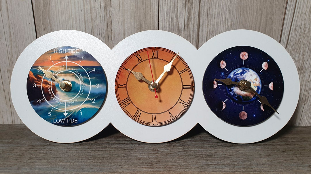 Printed Time, Tide and Moon Phase Whiteboard MDF WALL CLOCK 35cm X 14cm ...