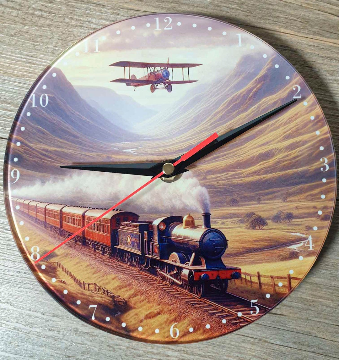 20cm Printed Glass Steam Train and Biplane WALL CLOCK Art Painting ...