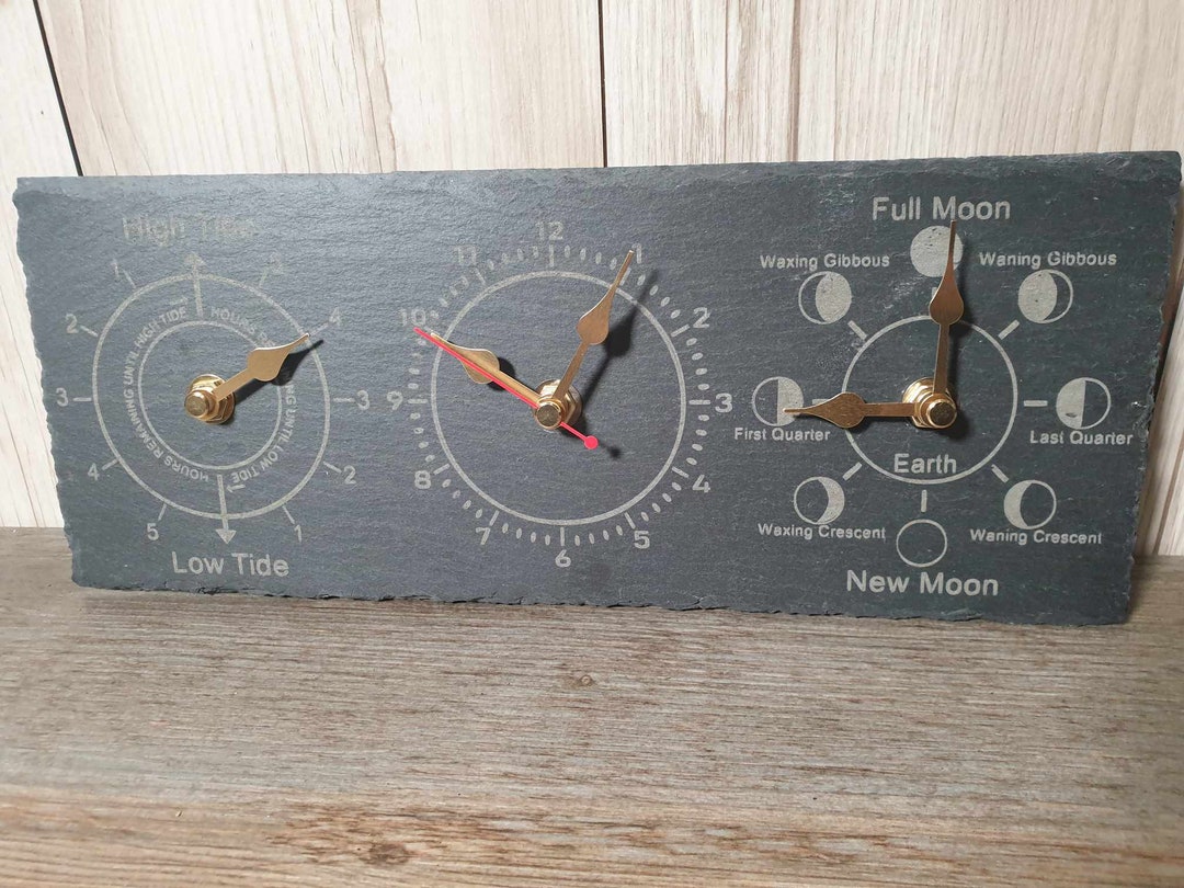 Laser Engraved Time, Tide and Moon Phase SLATE WALL CLOCK 30cm X 12cm ...