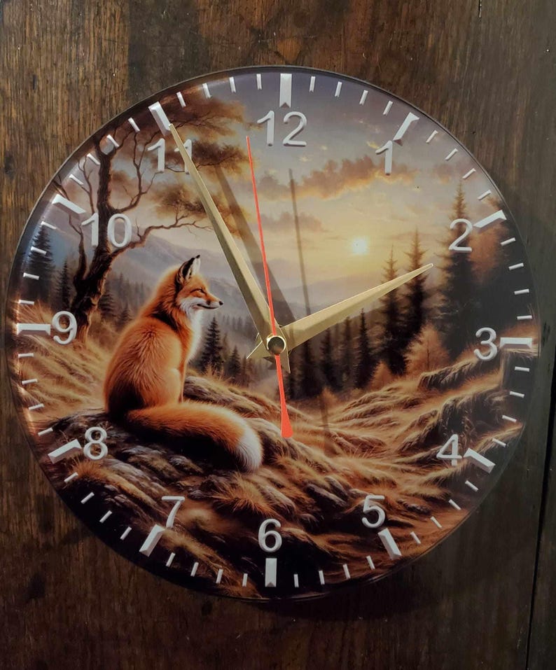 Fox Sunset GLASS Quartz CLOCK. Wall Mounted. 20cm Round - Etsy