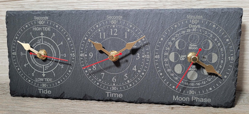 Mkii Laser Engraved Time, Tide and Moon Phase SLATE WALL CLOCK 30cm X ...