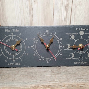 Laser Engraved Time, Tide and Moon Phase SLATE WALL CLOCK 30cm X 12cm ...