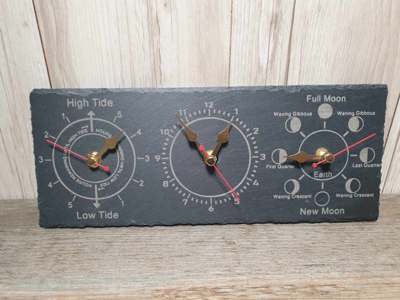 Laser Engraved Time, Tide and Moon Phase SLATE WALL CLOCK 30cm X 12cm ...