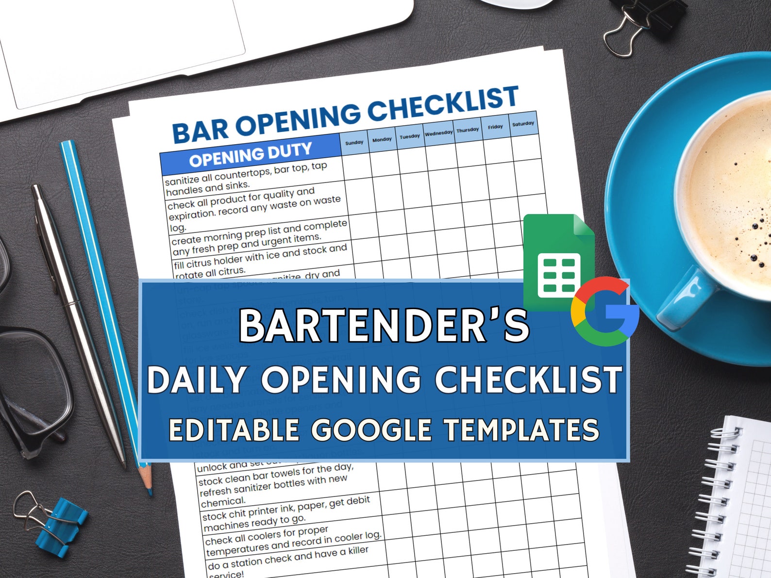 Bartenders Daily Opening Checklist, Editable Template for Bartenders ...