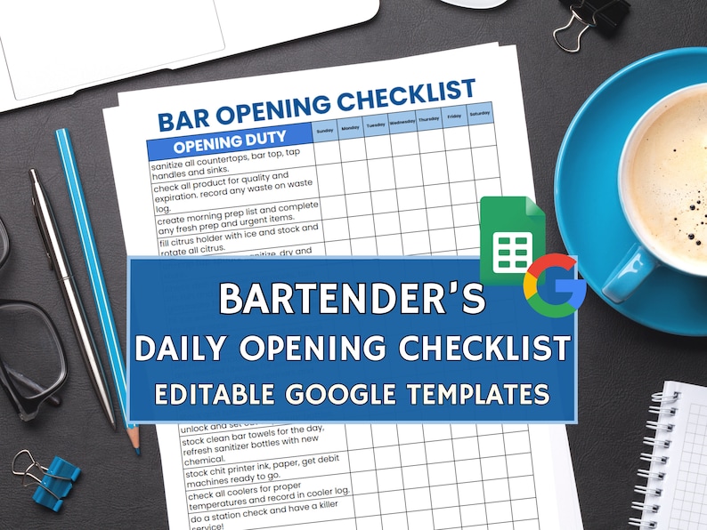 Bartenders Daily Opening Checklist, Editable Template for Bartenders ...