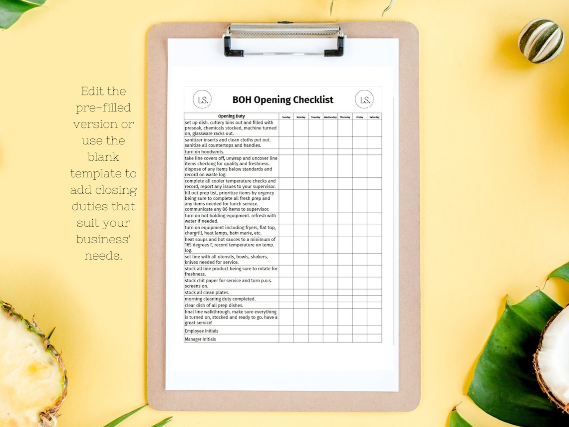 BOH Opening Checklist, Kitchen Opening Checklist Template, Editable ...