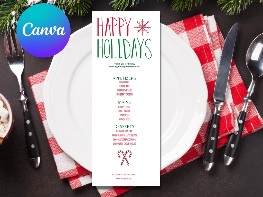 Christmas Dinner Menu Template, Holiday Dinner Template, Appetizers ...