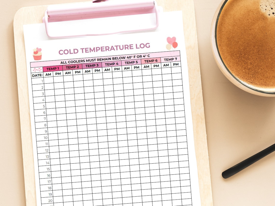 Cooler Temperature Log, Temperature Safety Record, Cooler Temperature ...