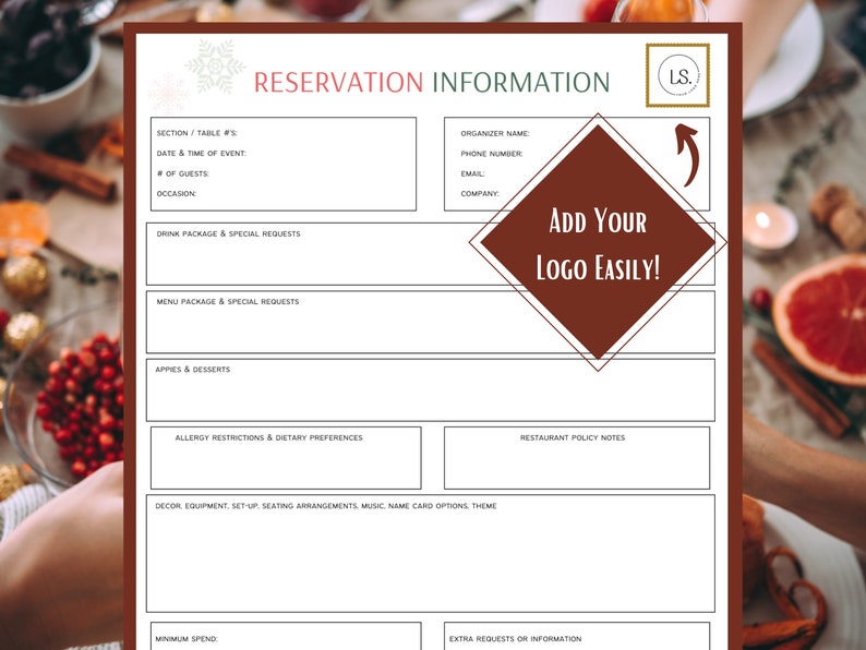 Restaurant Reservation Sheet for Large Groups and Special Holiday Menu ...