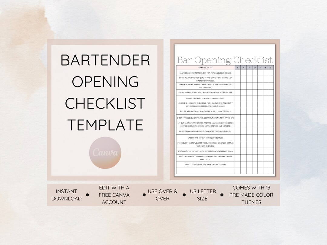 Bar Opening Checklist Restaurant Bar Cleaning List Bar - Etsy