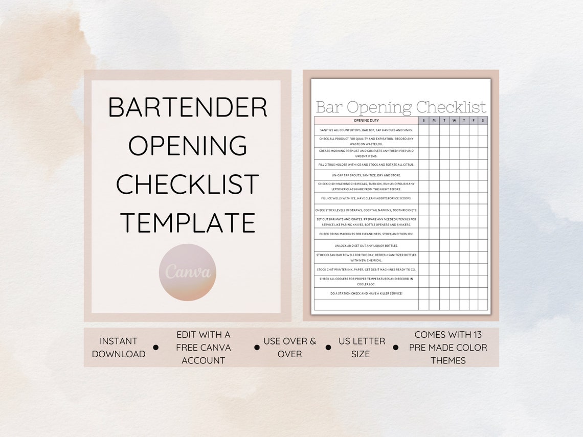 Bar Opening Checklist Restaurant Bar Cleaning List Bar - Etsy