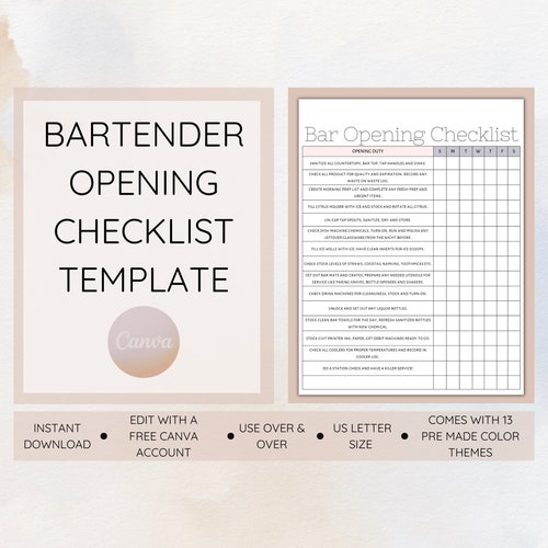 Bar Opening Checklist Restaurant Bar Cleaning List Bar - Etsy