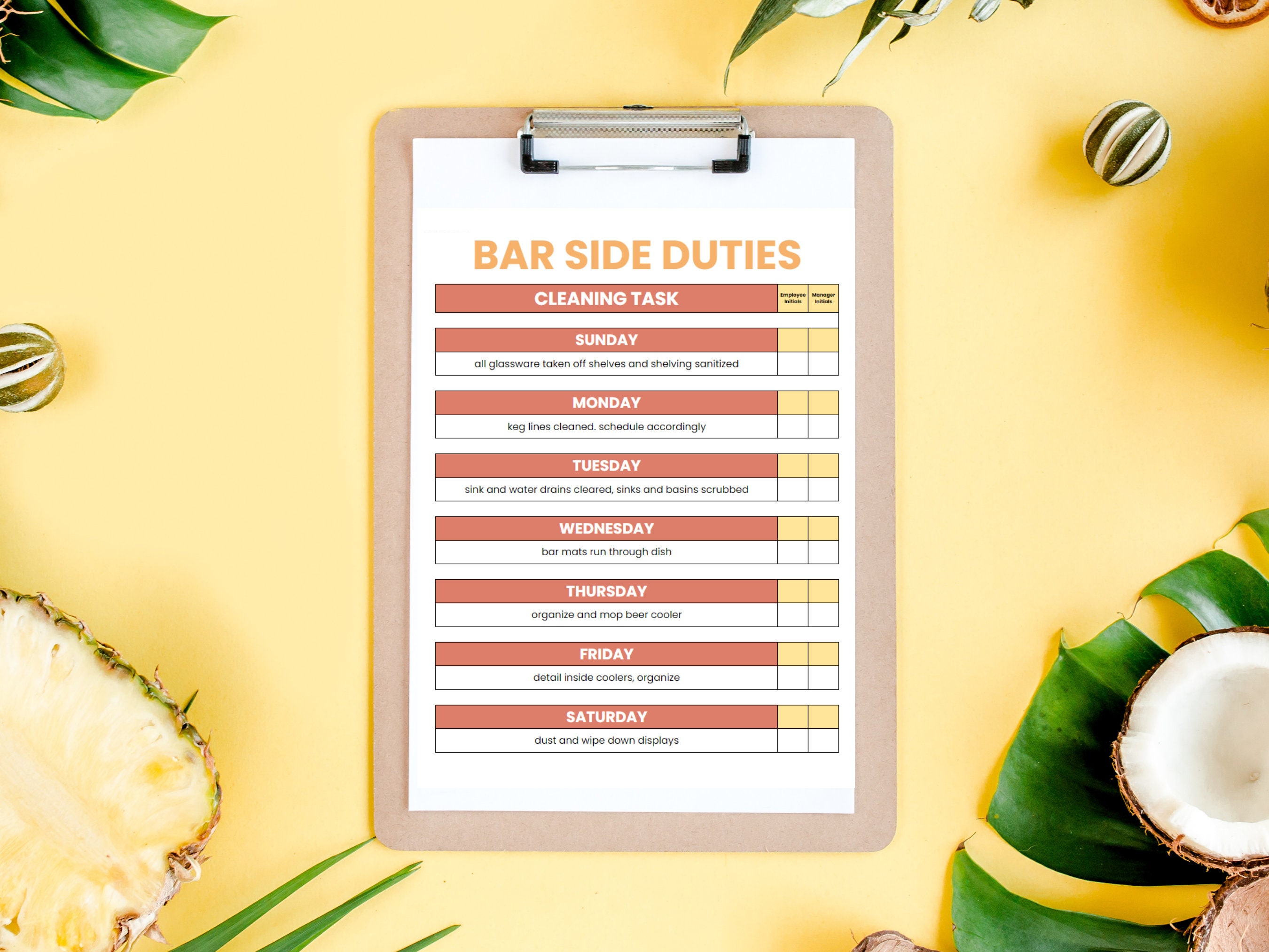 Bartenders Weekly Cleaning Checklist, Editable Template for Bar ...