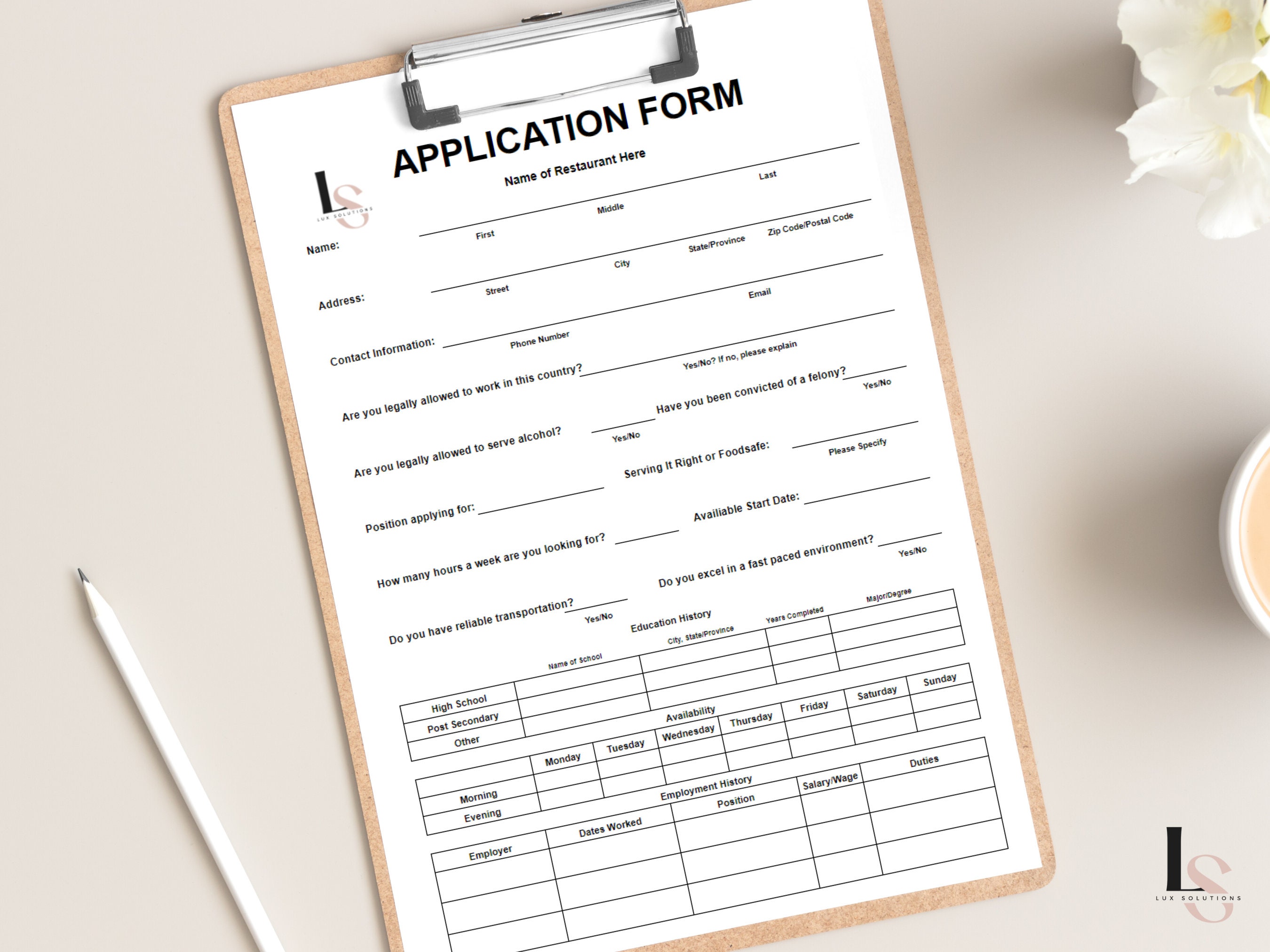 Restaurant Application Form, Editable Application Template, Microsoft ...