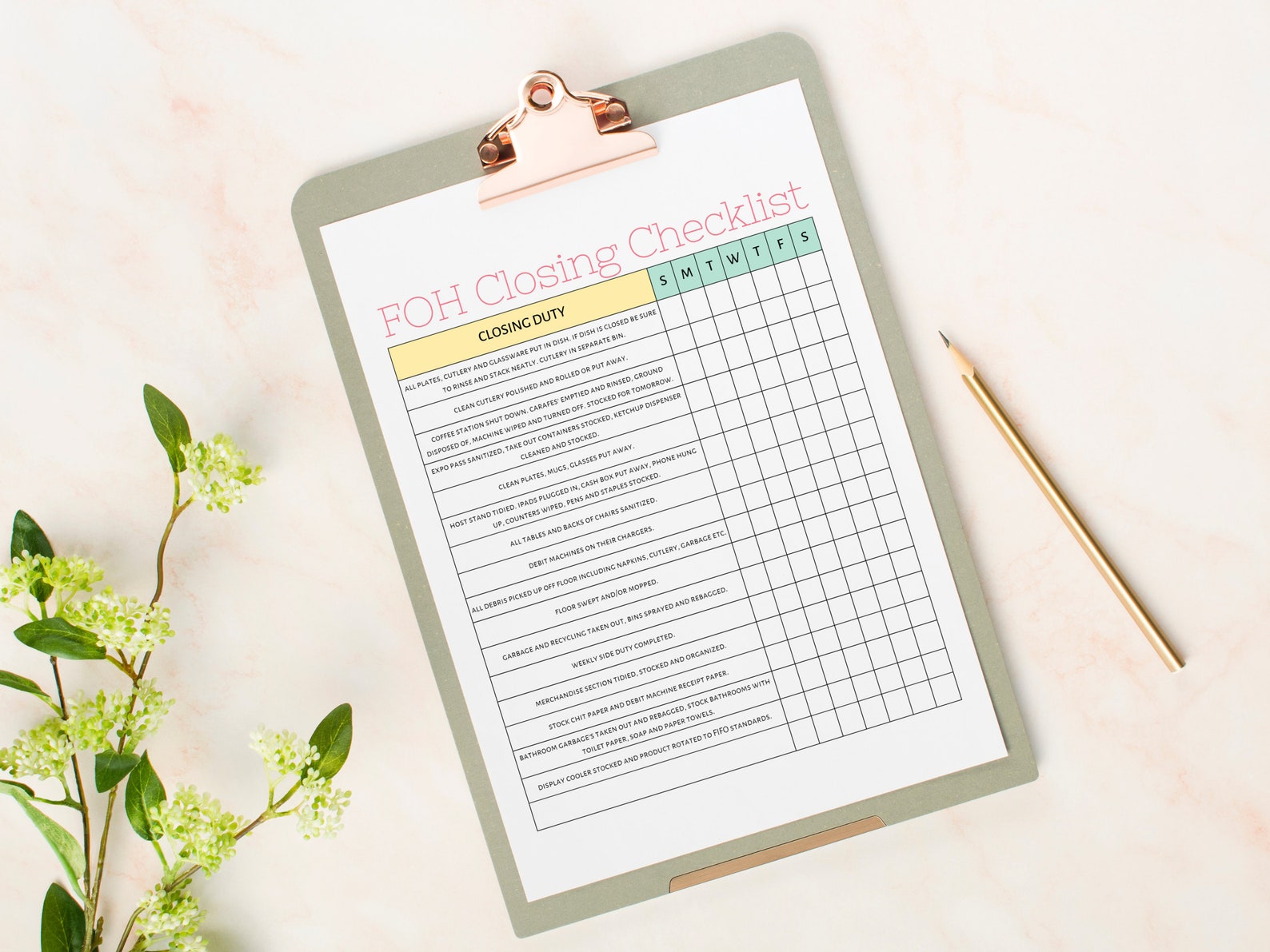 FOH Closing Checklist Template, Server Closing Checklist, Editable ...