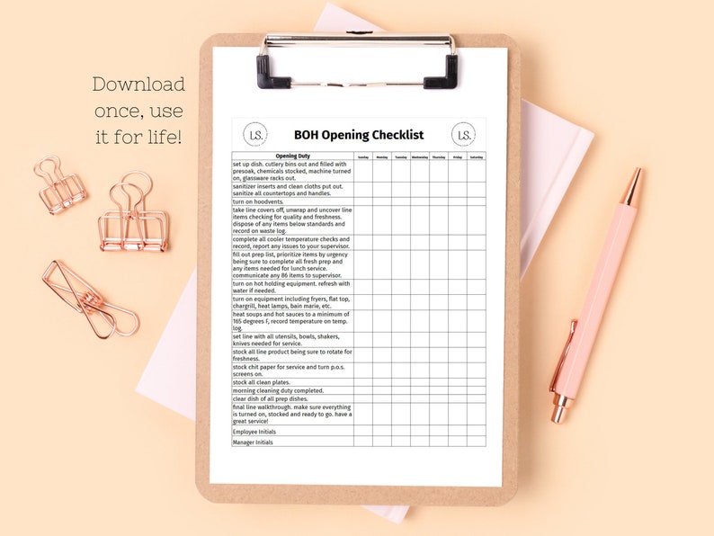 BOH Opening Checklist Kitchen Opening Checklist Template - Etsy