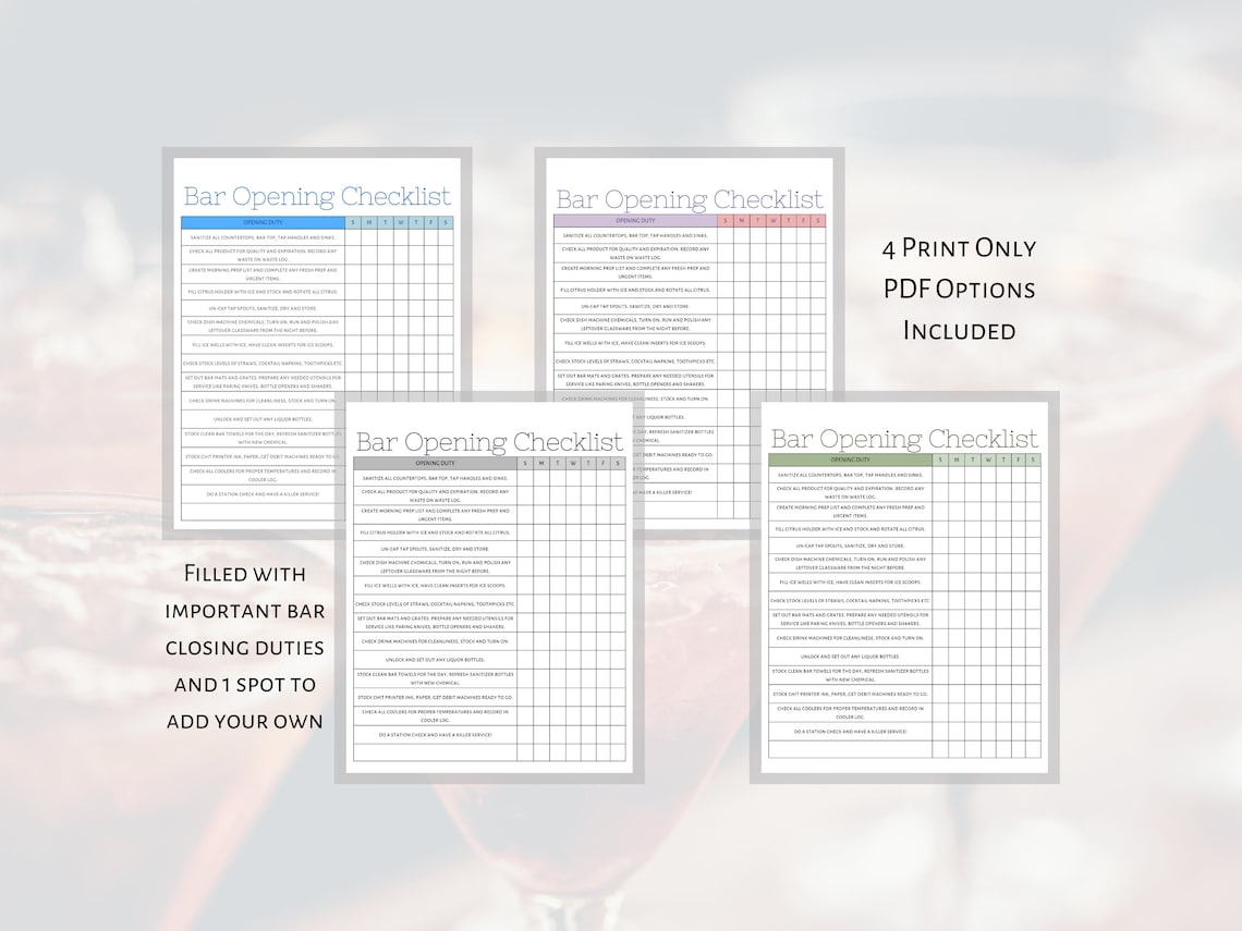 Bar Opening Checklist Restaurant Bar Cleaning List Bar - Etsy