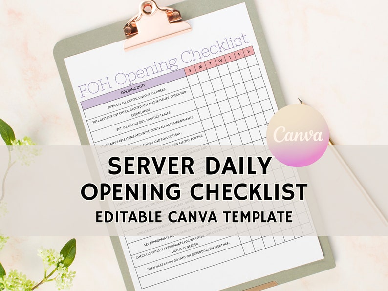 FOH Opening Checklist, Server Opening Checklist, Editable Restaurant ...