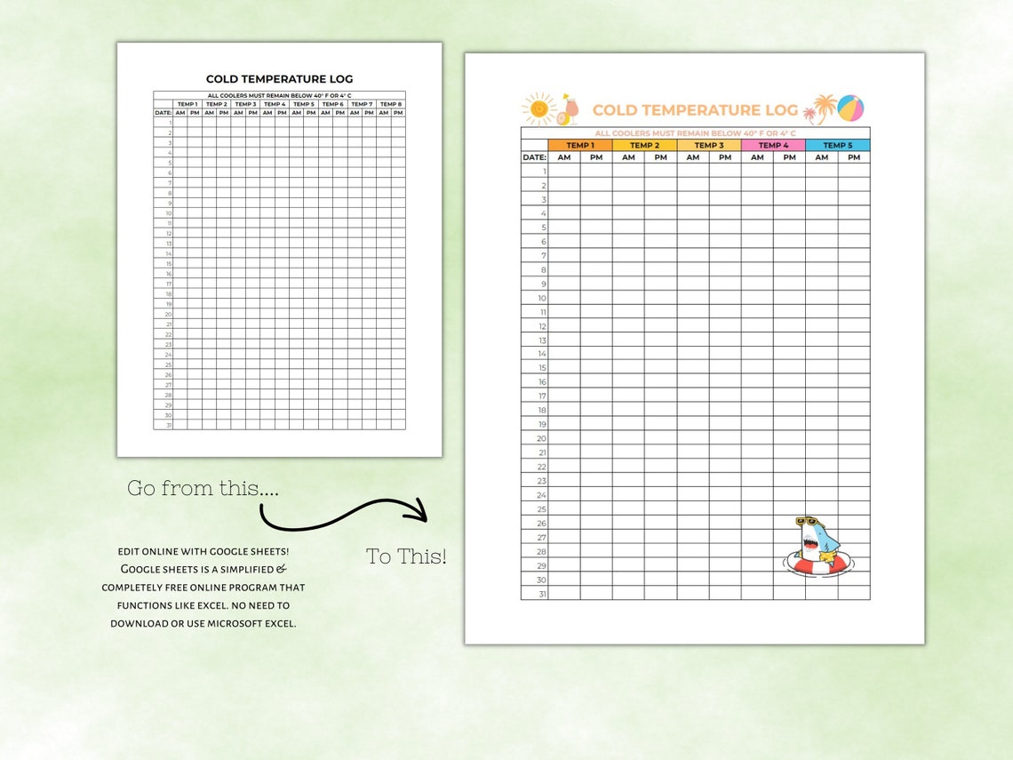 Cooler Temperature Log, Temperature Safety Record, Cooler Temperature ...