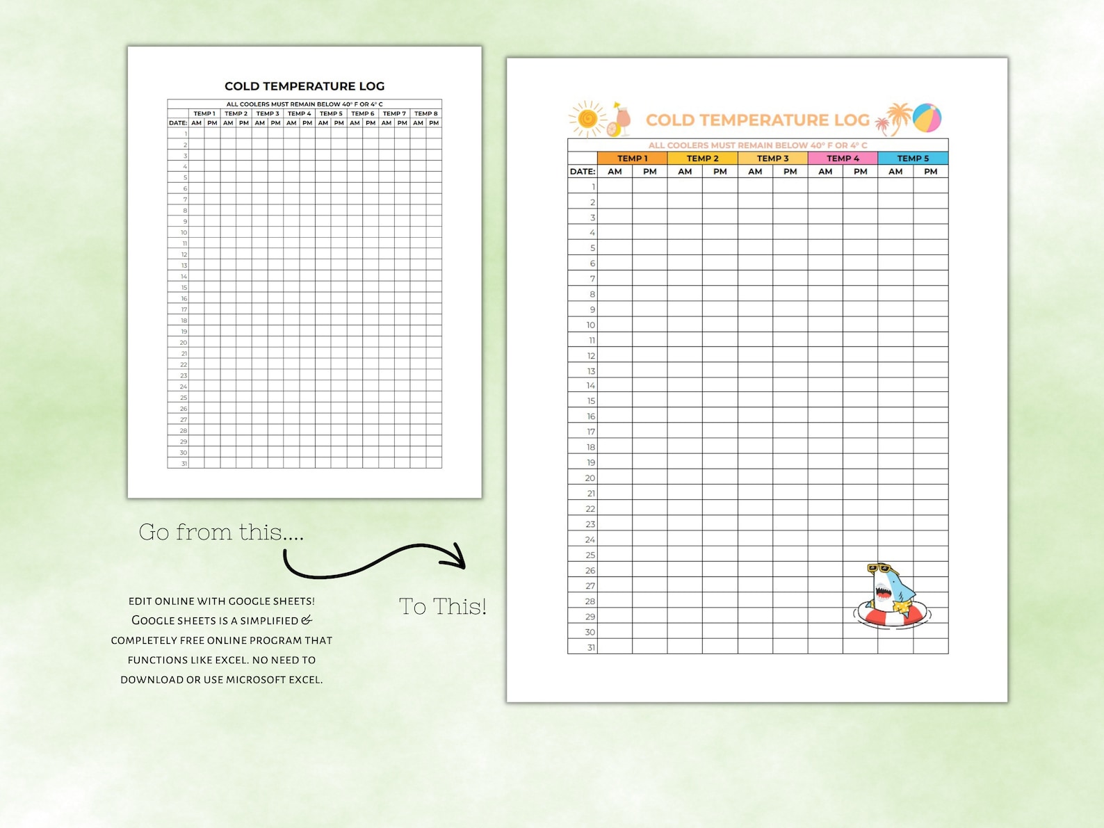 Cooler Temperature Log, Temperature Safety Record, Cooler Temperature ...