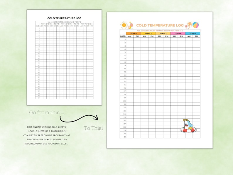Cooler Temperature Log, Temperature Safety Record, Cooler Temperature ...
