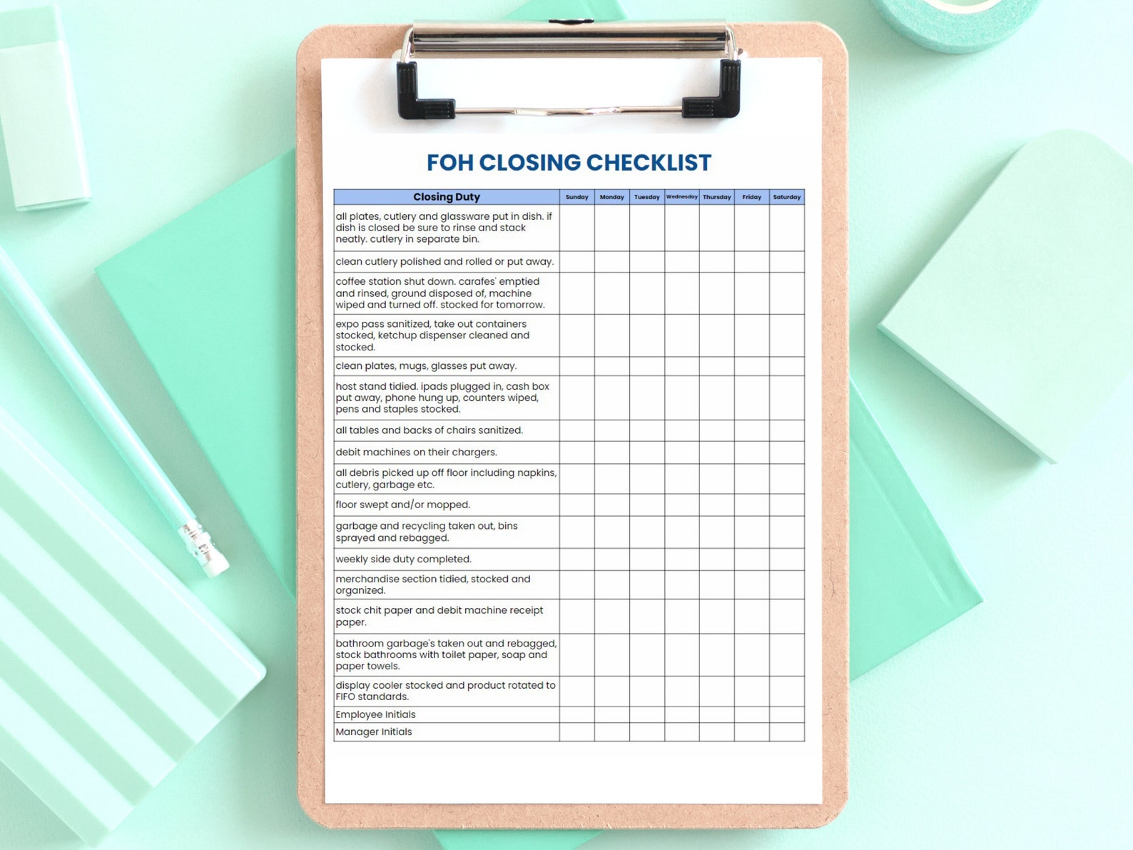 Server Closing Checklist Template, Editable Serving Checklist ...