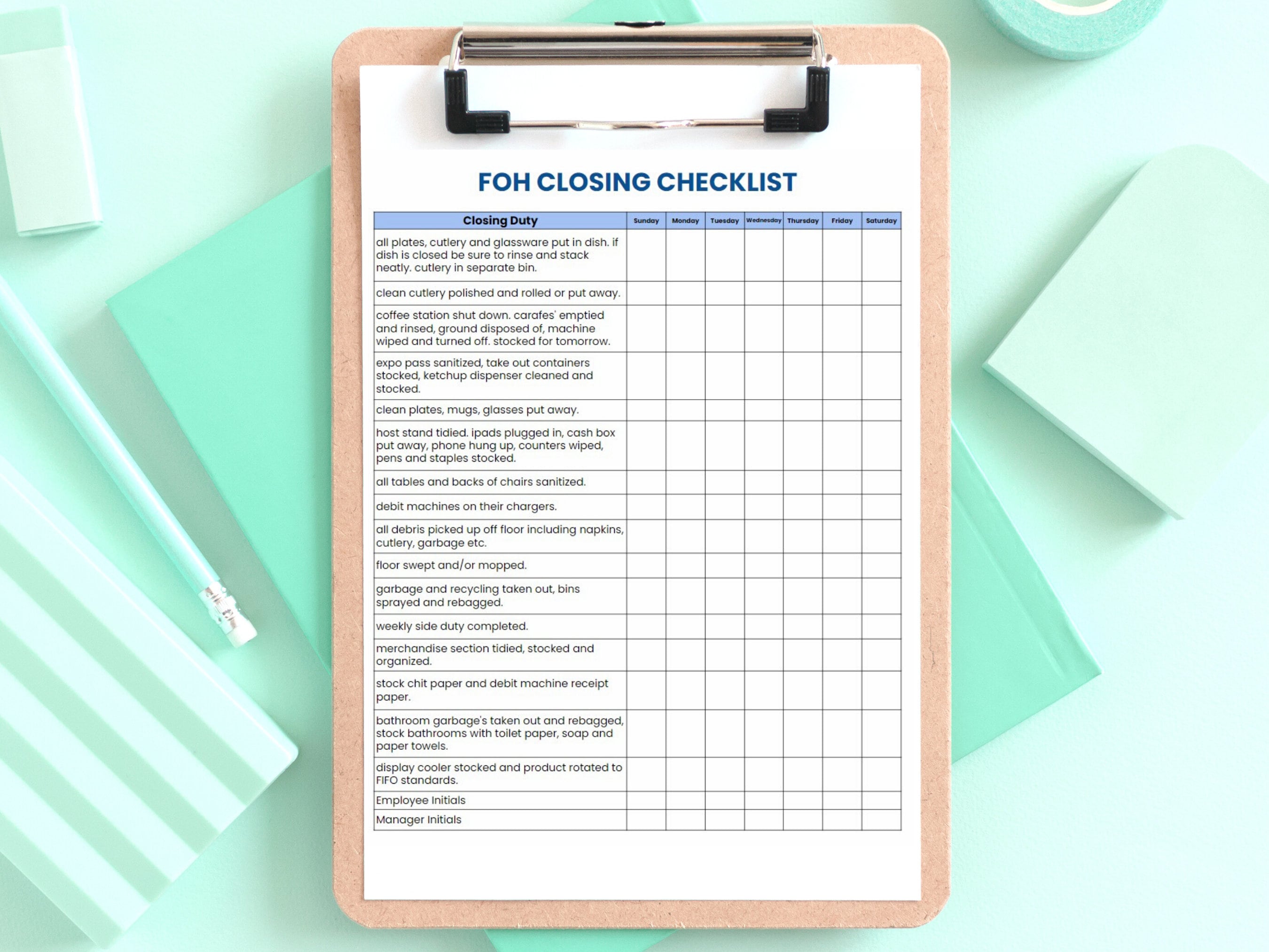 Server Closing Checklist Template, Editable Serving Checklist ...