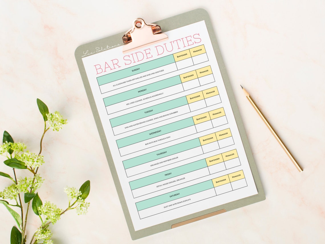 Bar Side Duties Checklist, Bartender Checklist, Bar Side Work Template ...