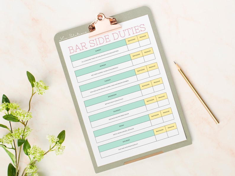 Bar Side Duties Checklist, Bartender Checklist, Bar Side Work Template ...