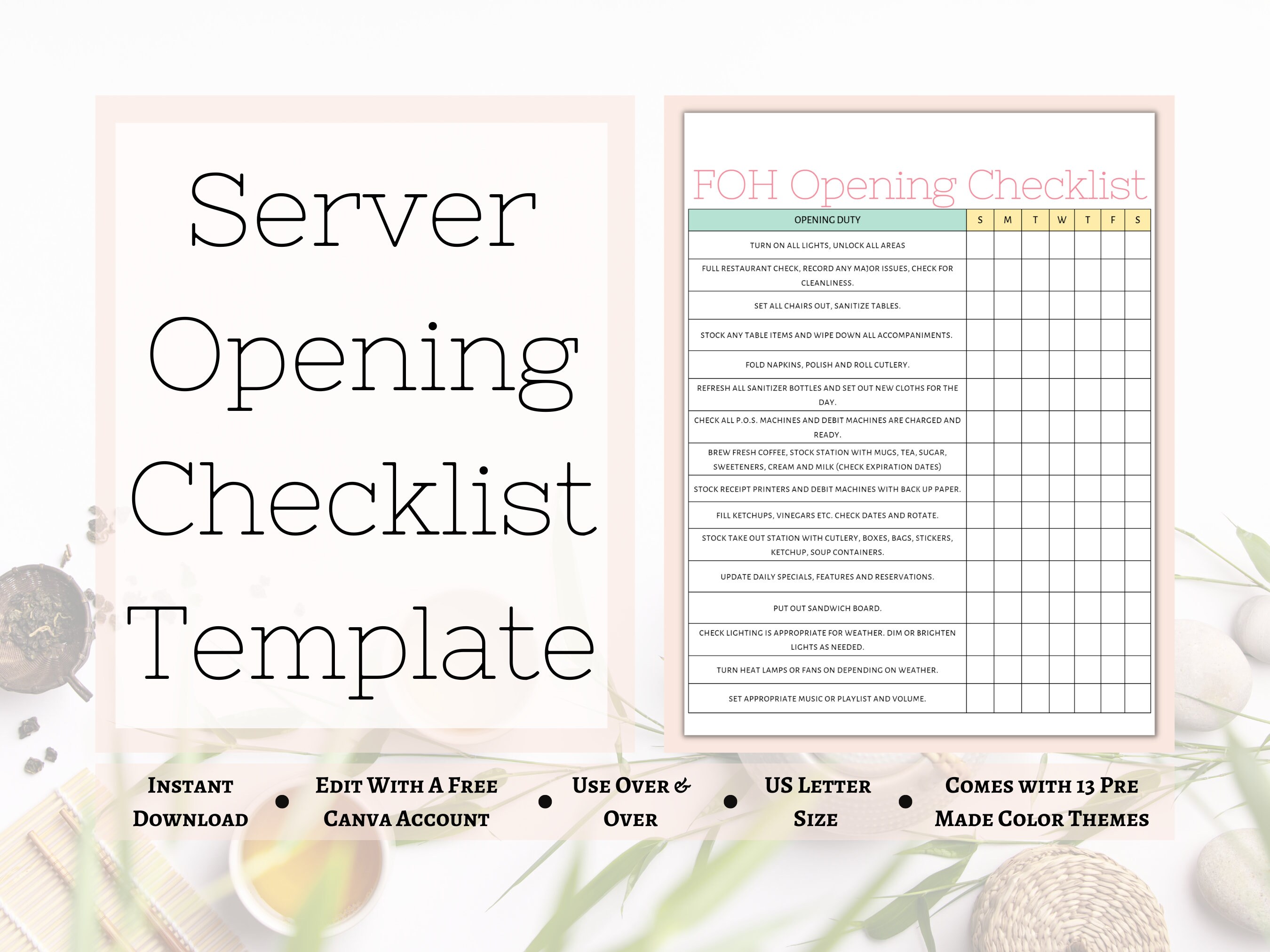 Foh Opening Checklist Server Opening Checklist Editable Etsy