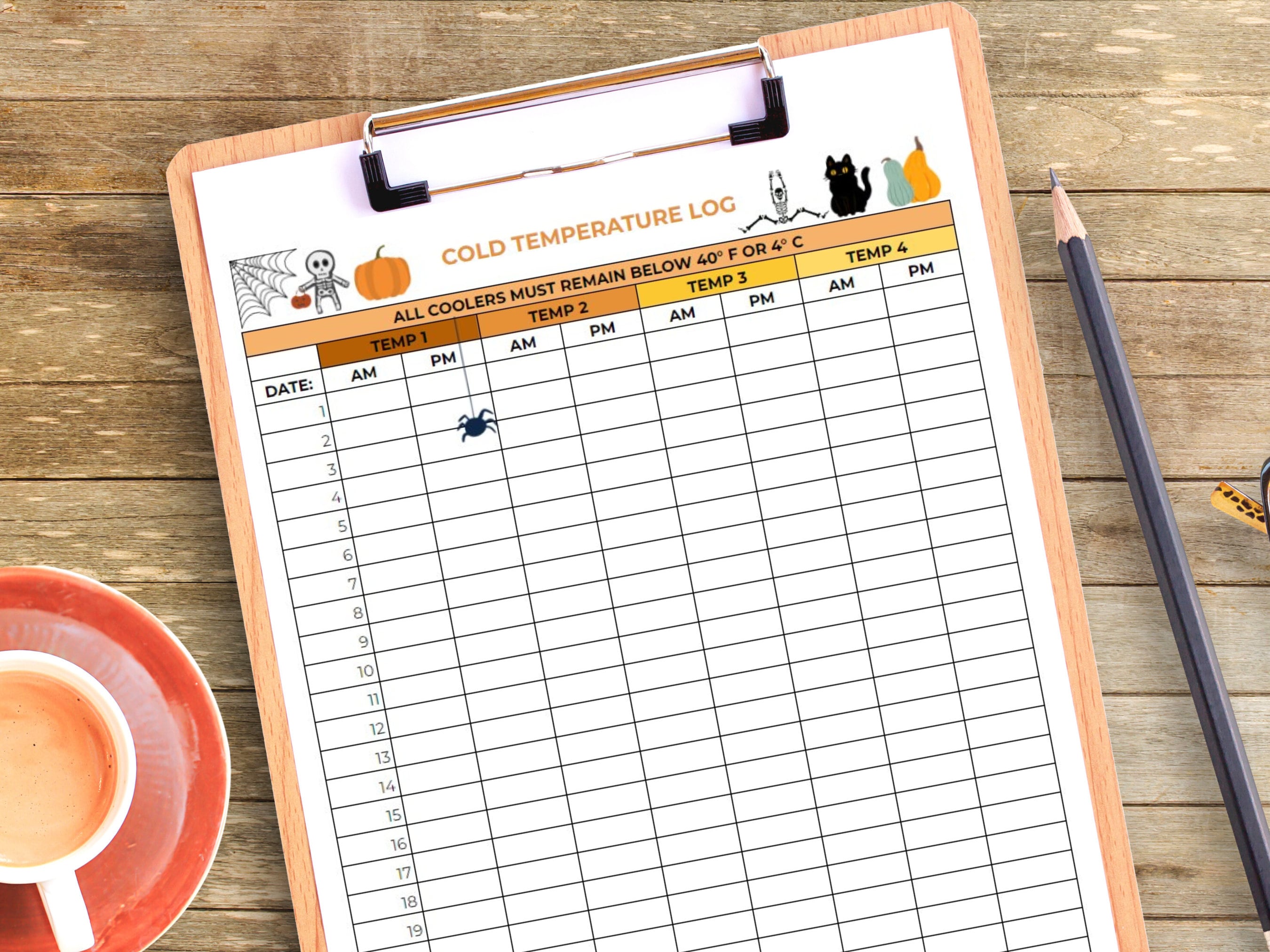 Cooler Temperature Log, Temperature Safety Record, Cooler Temperature ...