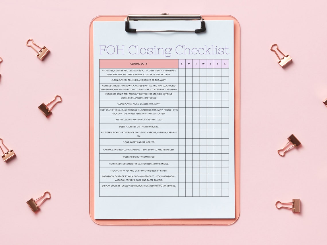 FOH Closing Checklist Template, Server Closing Checklist, Editable ...