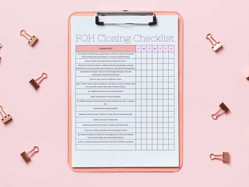 FOH Closing Checklist Template, Server Closing Checklist, Editable ...