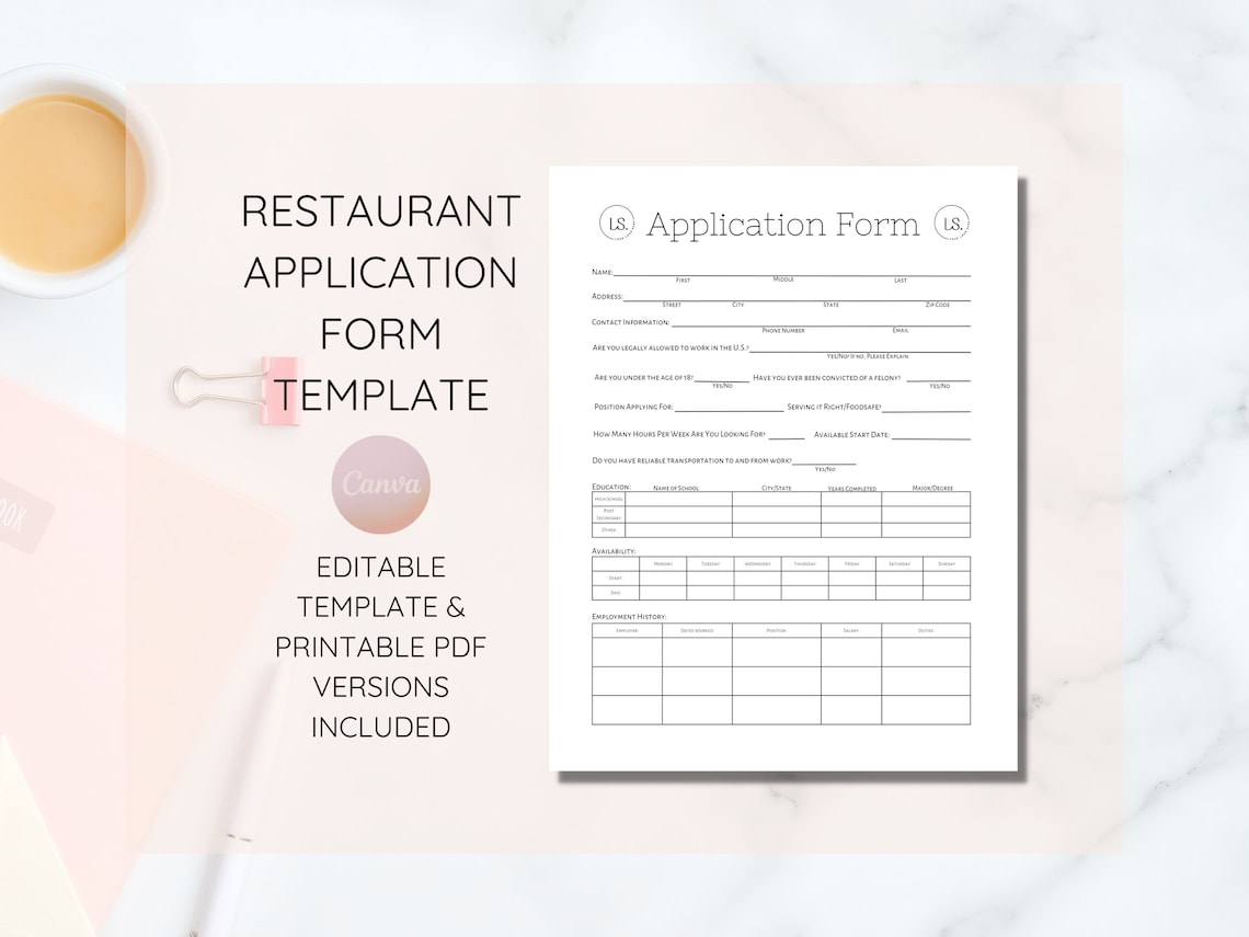 Restaurant Application Form Editable Application Template - Etsy