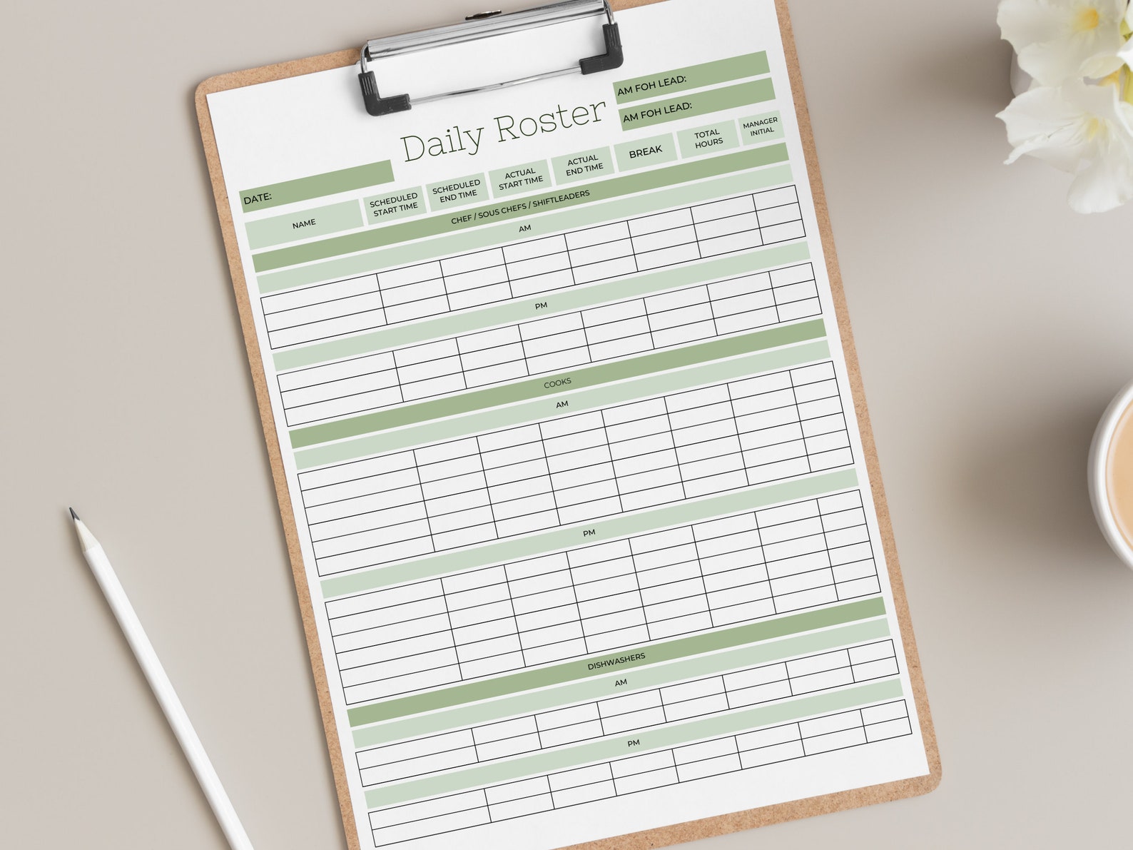 Kitchen Daily Roster, Staff Schedule, Restaurant Operations Forms ...