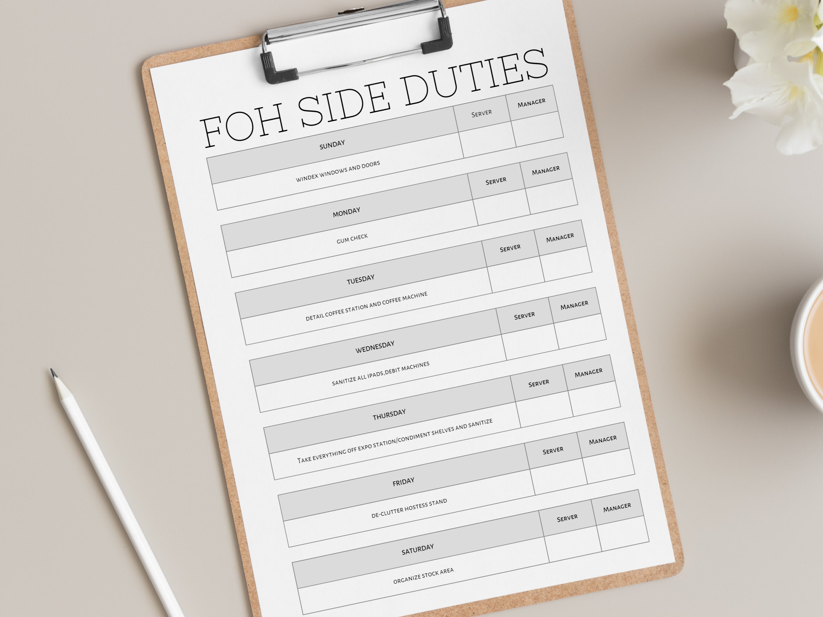 Server Extra Cleaning Checklist Template, Server Side Duty Checklist ...