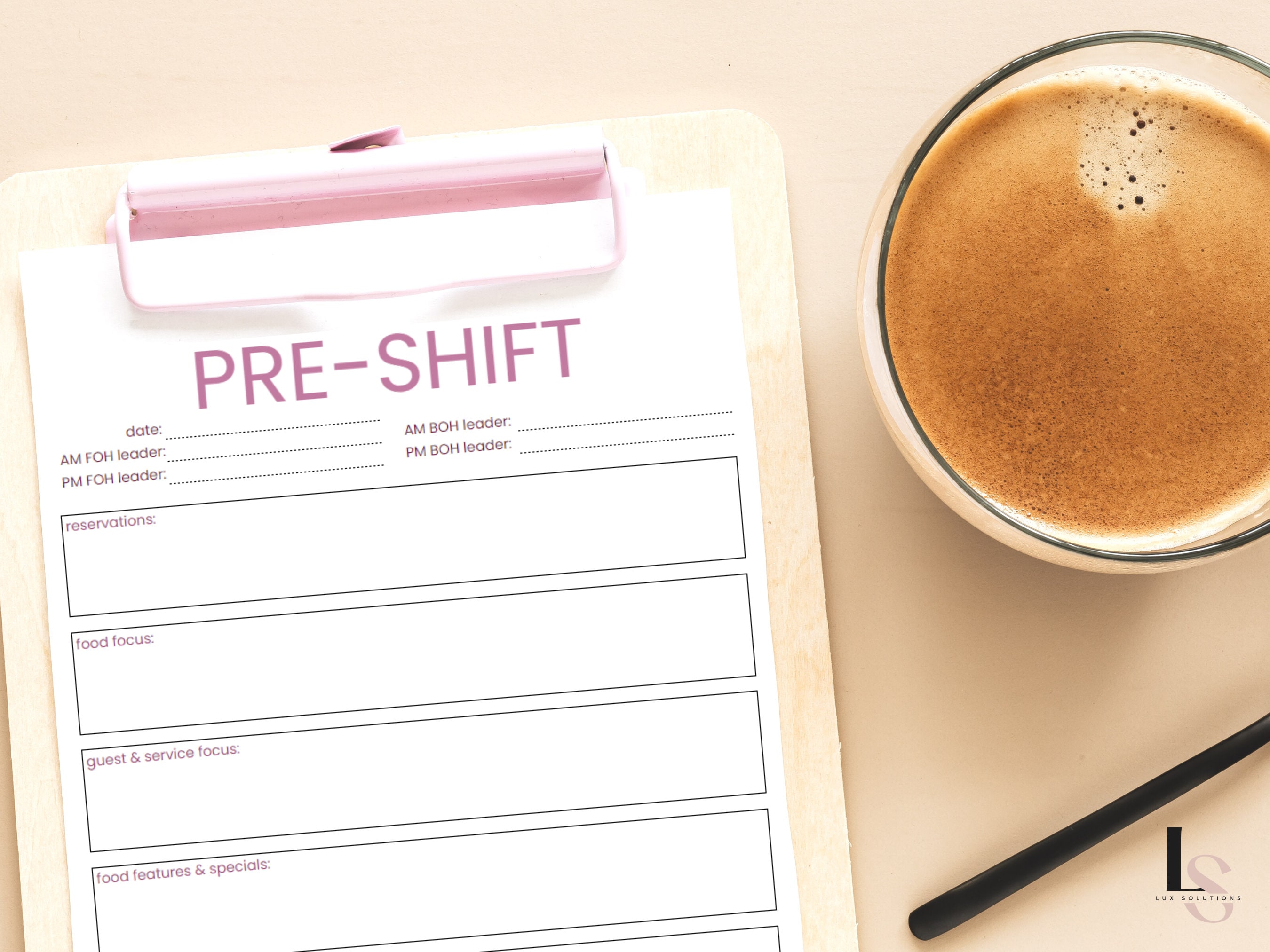 Pre-shift for Restaurants, Editable Pre Shift Template, Restaurant ...