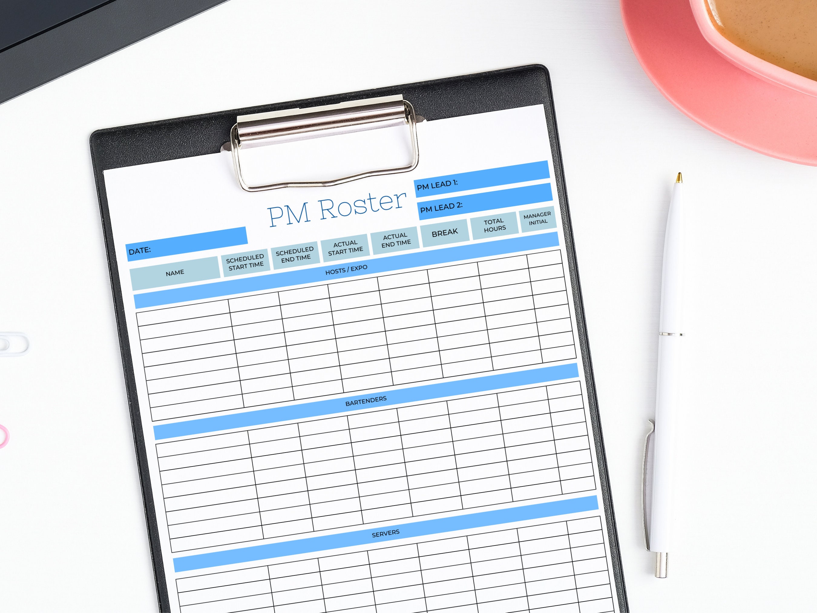 Large Daily Restaurant Roster, Printable FOH Daily Schedule, Service Staff Schedule, Bartending ...